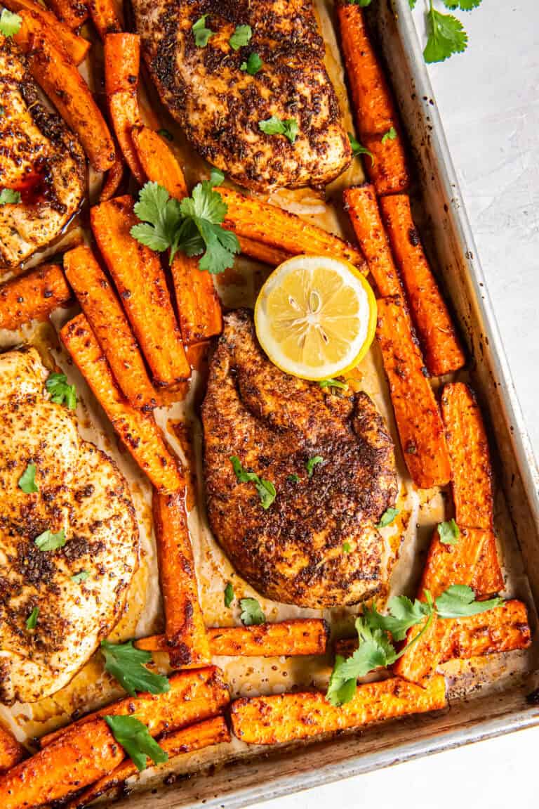 Sheet Pan Chicken and Roasted Carrots with Spiced Yogurt Sauce